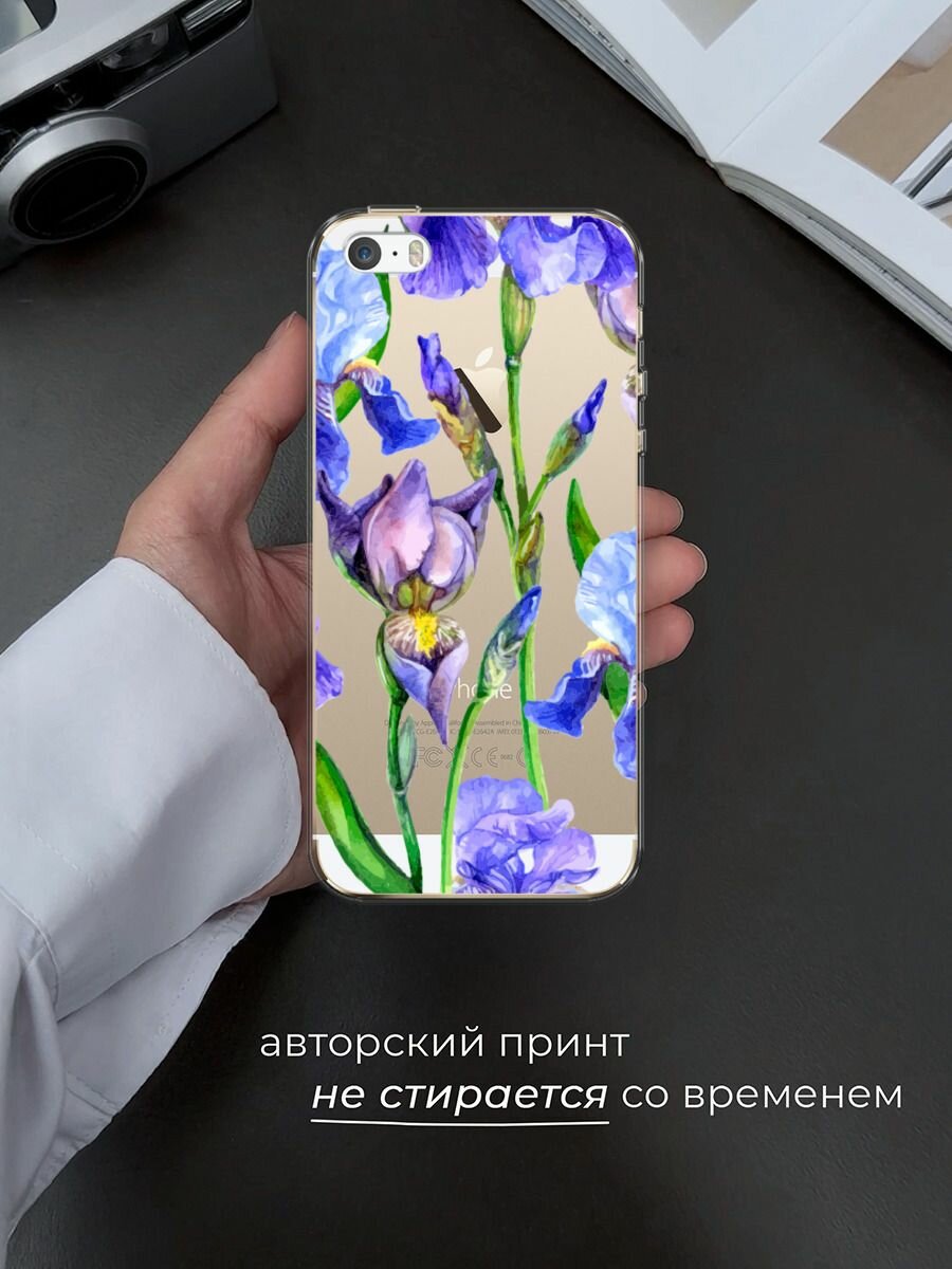 Чехол на Apple iPhone 5/5S/SE / Айфон 5/5S/SE с принтом "Синие ирисы", прозрачный — фото 1