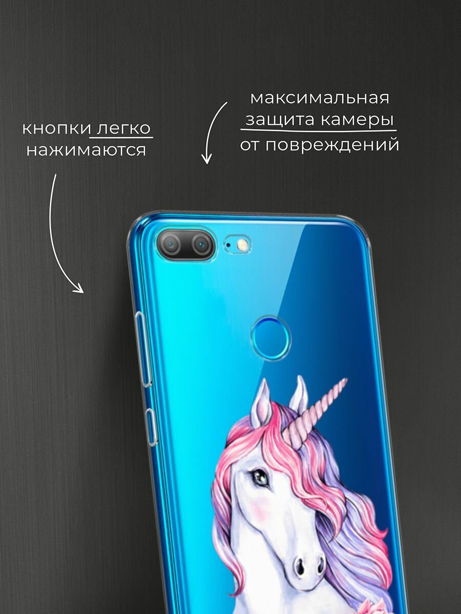 Чехол на Honor 9 Lite / Хонор 9 Лайт с принтом "Единорог с пионами", прозрачный — фото 1