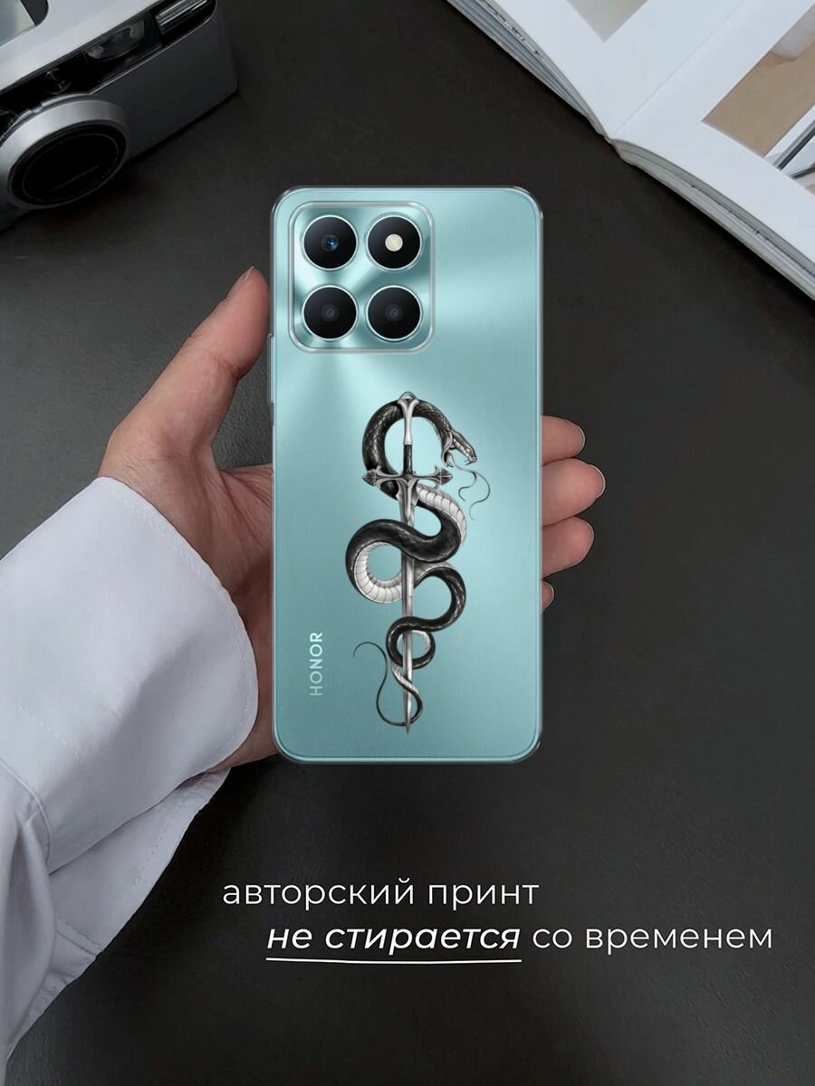 Чехол на Honor X6A / Хонор X6A с принтом "Змея с мечом чёрная", прозрачный — фото 1