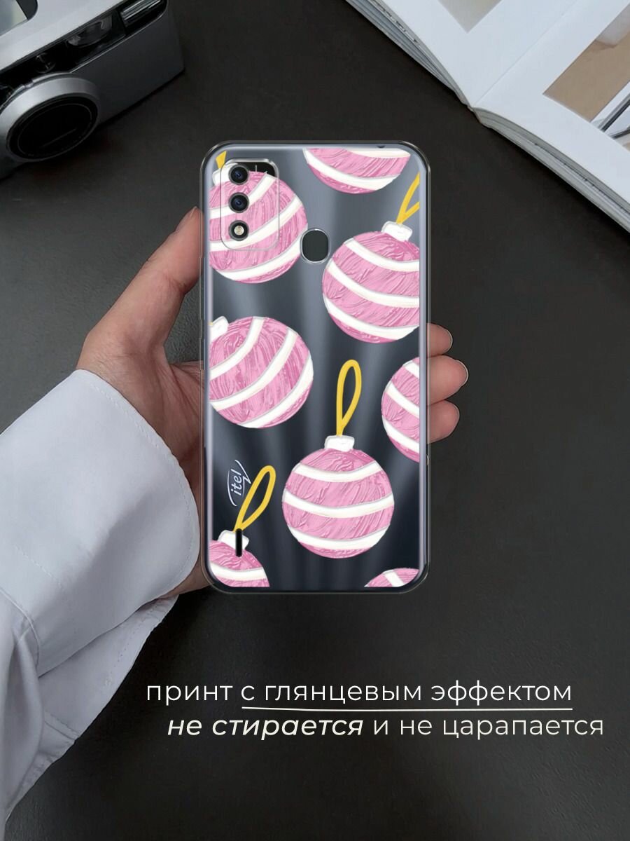 Чехол на Itel A48 / Ител А48 с принтом "Розовые новогодние шарики 3" — фото 1