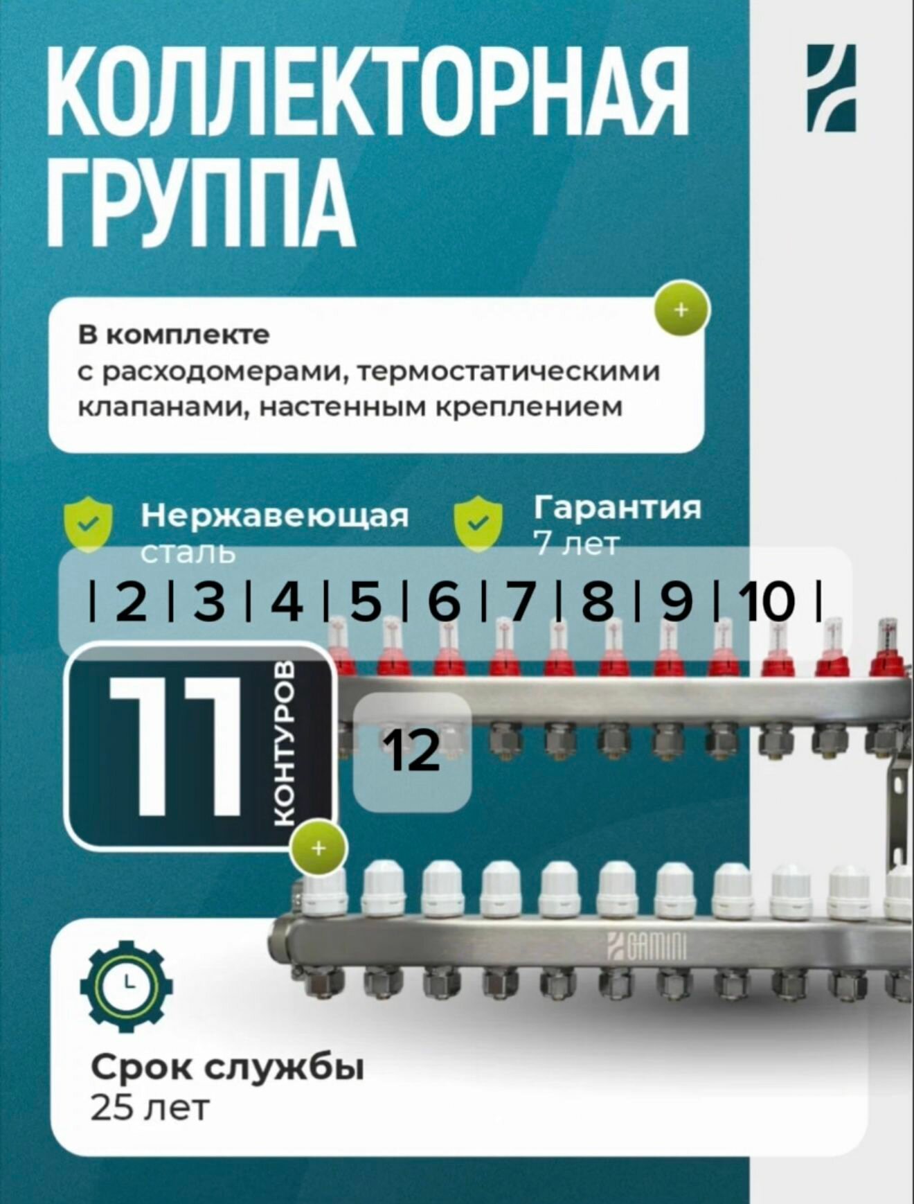 Коллектор для теплого пола на 11 контура + расходомеры + термостатические клапаны GAMINI