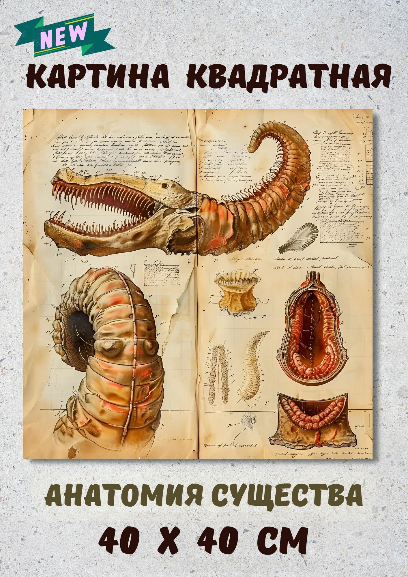 Картина 40х40 анатомия фантастического существа "Кракен"