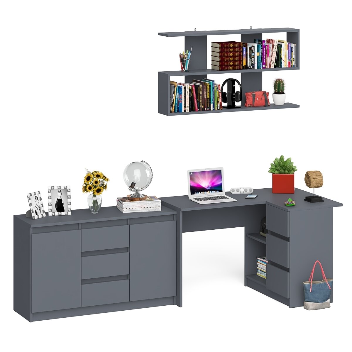 Стол компьютерный угловой Мори МС-16 правый с навесной полкой и тумбой графит, 244,8х84,9х209,6 см