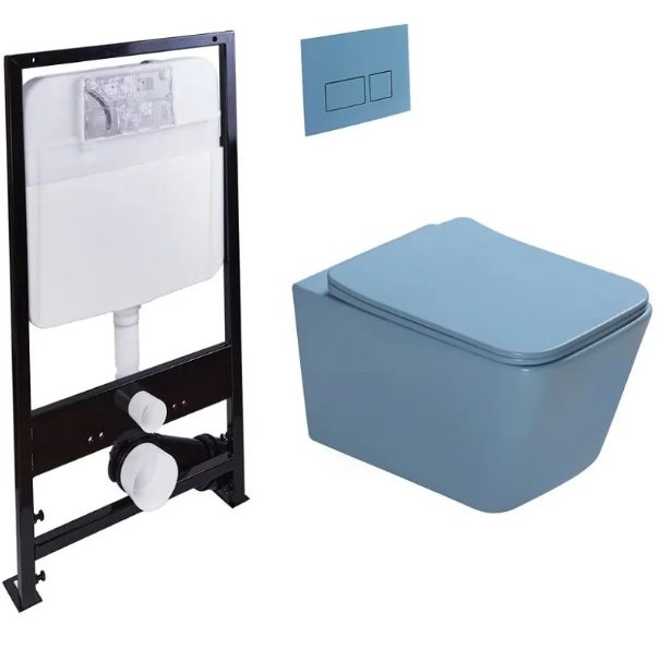 Унитаз подвесной с инсталляцией SantiLine SL-5007BL+SL-01/BL голубой матовый/кнопка голубая матовая, безободковый, с крышкой микролифт