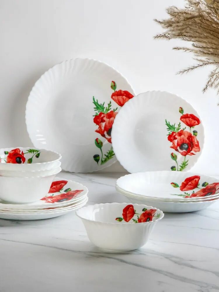 Набор Посуды. Современный Стеклокерамический Обеденный Столовый Сервиз Для 6 Персон Из 24 Предметов. Тарелки, Салатники, Суповые Пиалы. Для Первых, Вторых Блюд, Салатов и Десертов.