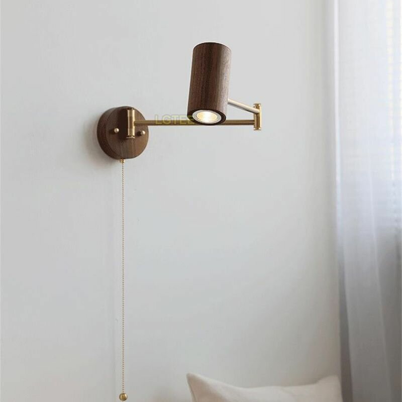 Регулируемое деревянное бра с выключателем на цепочке для прикроватного освещения спальни и гостиной, скандинавский настенный светильник
