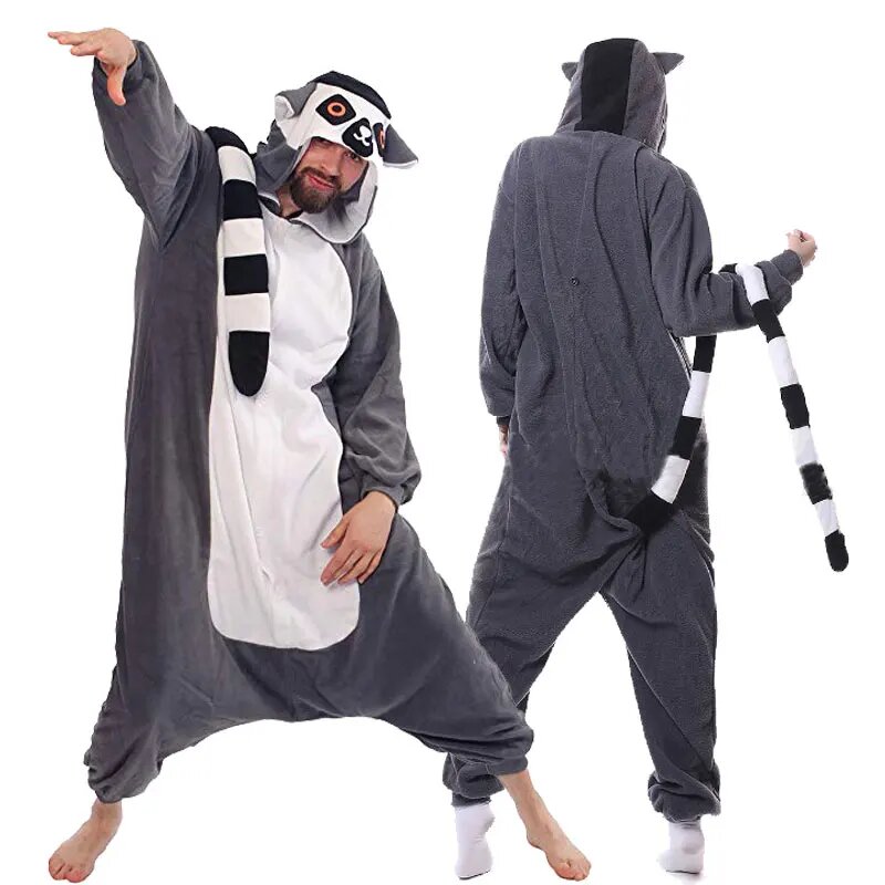 Костюм анималистический серый волк красный носорог огненный дракон Серый, L, long-tailed lemur