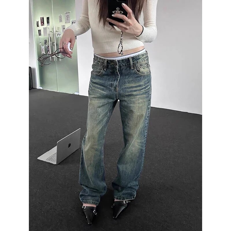 Охоты Брюки JYL Женские джинсы Чистый цвет Синее Харадзуку 2000-х эстетика грузовое винтажное свободное