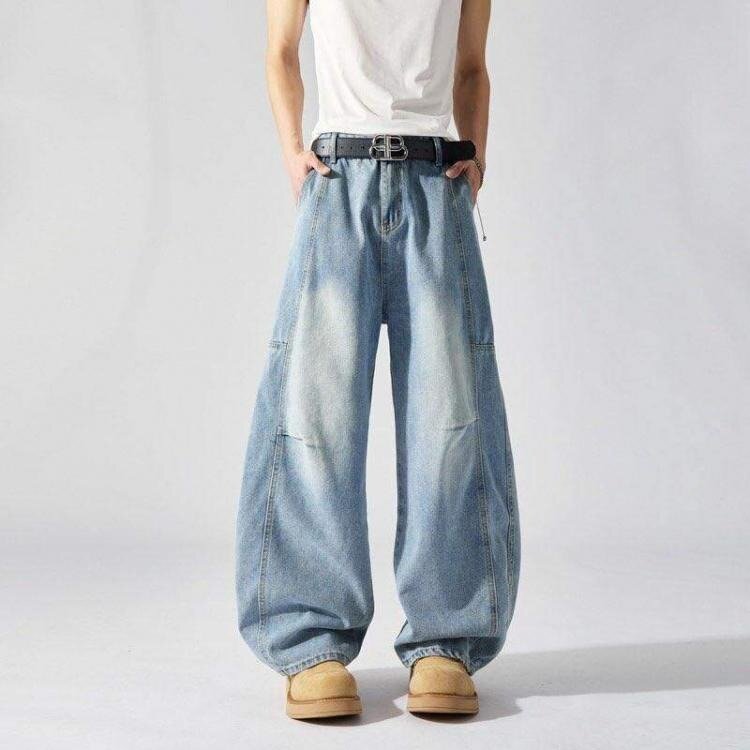 Мужские джинсы Чистый цвет Лето новый уличный стиль универсальный свободный прямой широкий брюки