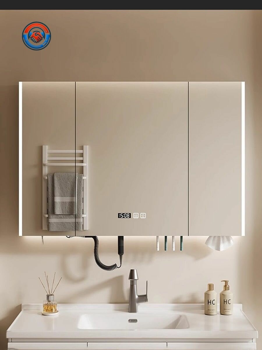 Зеркальный шкаф в ванную комнату с LED-подсветкой и часами, навесной водостойкий пенал с анти-запотевающим зеркалом и системой хранения, серый/белый