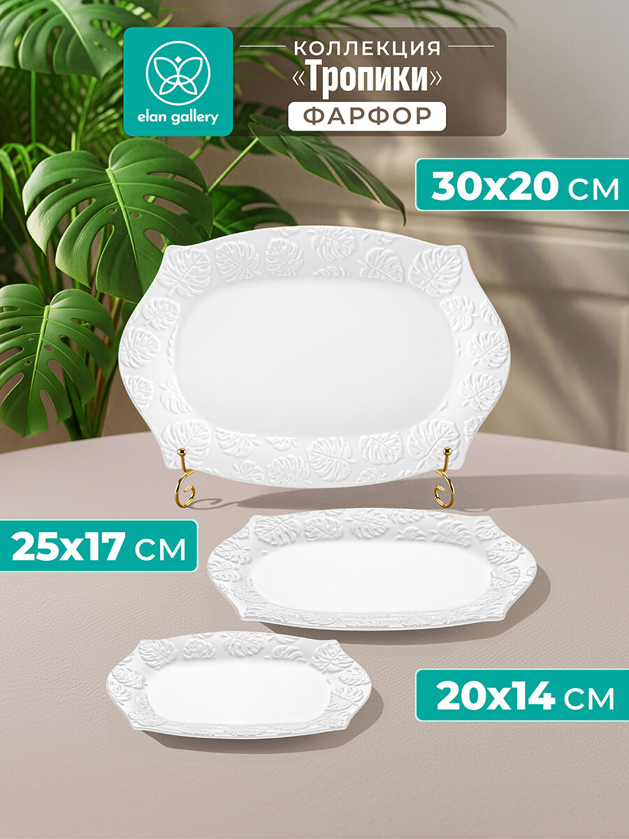 Блюдо сервировочное 3 предмета Elan Gallery Тропики, 20,5х14,5х2, 25,5х17,5х2, 30,5х20,5х2,5 см, фарфор, набор