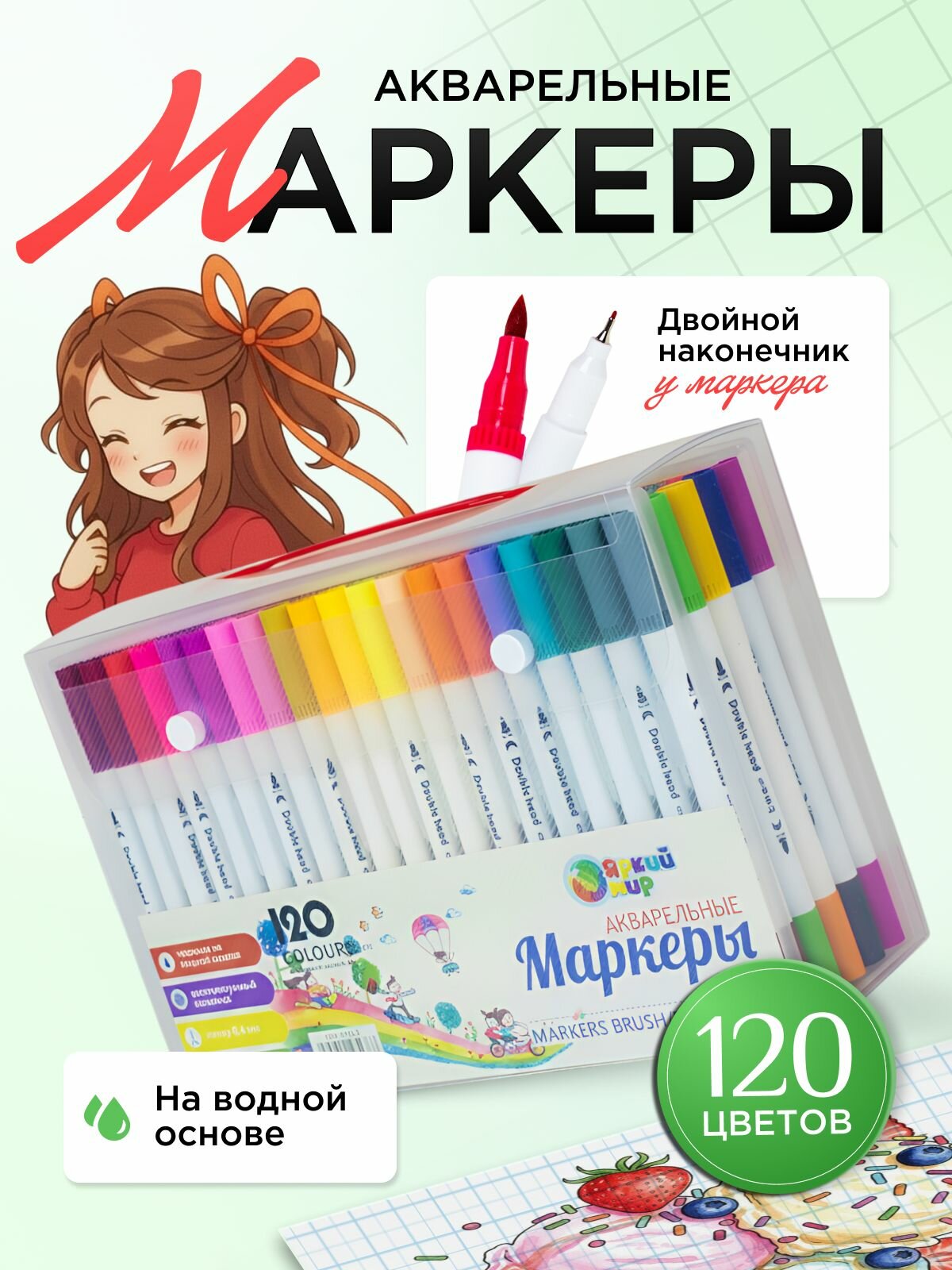 Маркеры + линеры акварельные двусторонние 120 штук набор