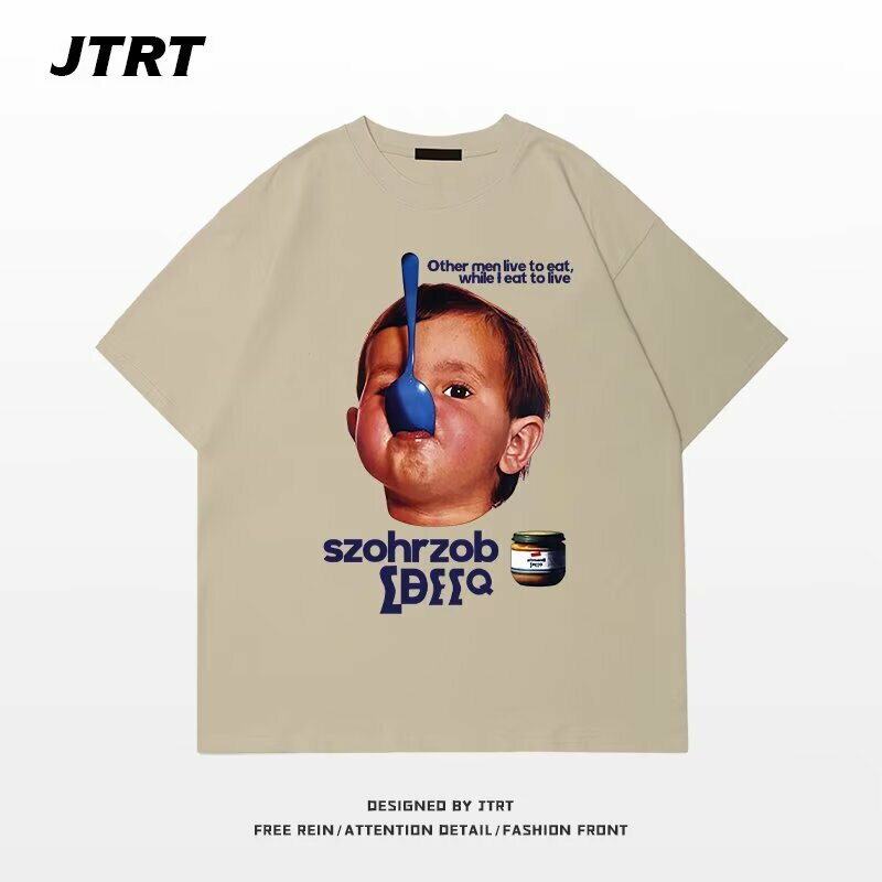 Новинка 2025 года, футболка из чистого хлопка с милым рисунком для мальчиков, свободный крой, модный повседневный принт с коротким рукавом, женская летняя модная модель, Хаки, размер：2XL