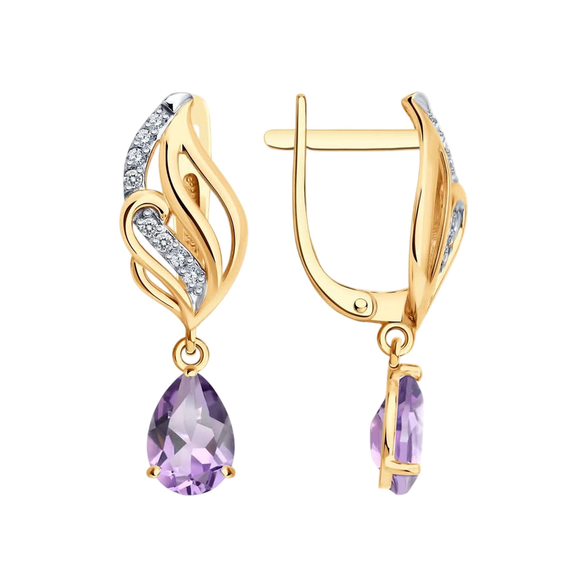 Серьги, красное золото, 585 проба, аметист, фианит