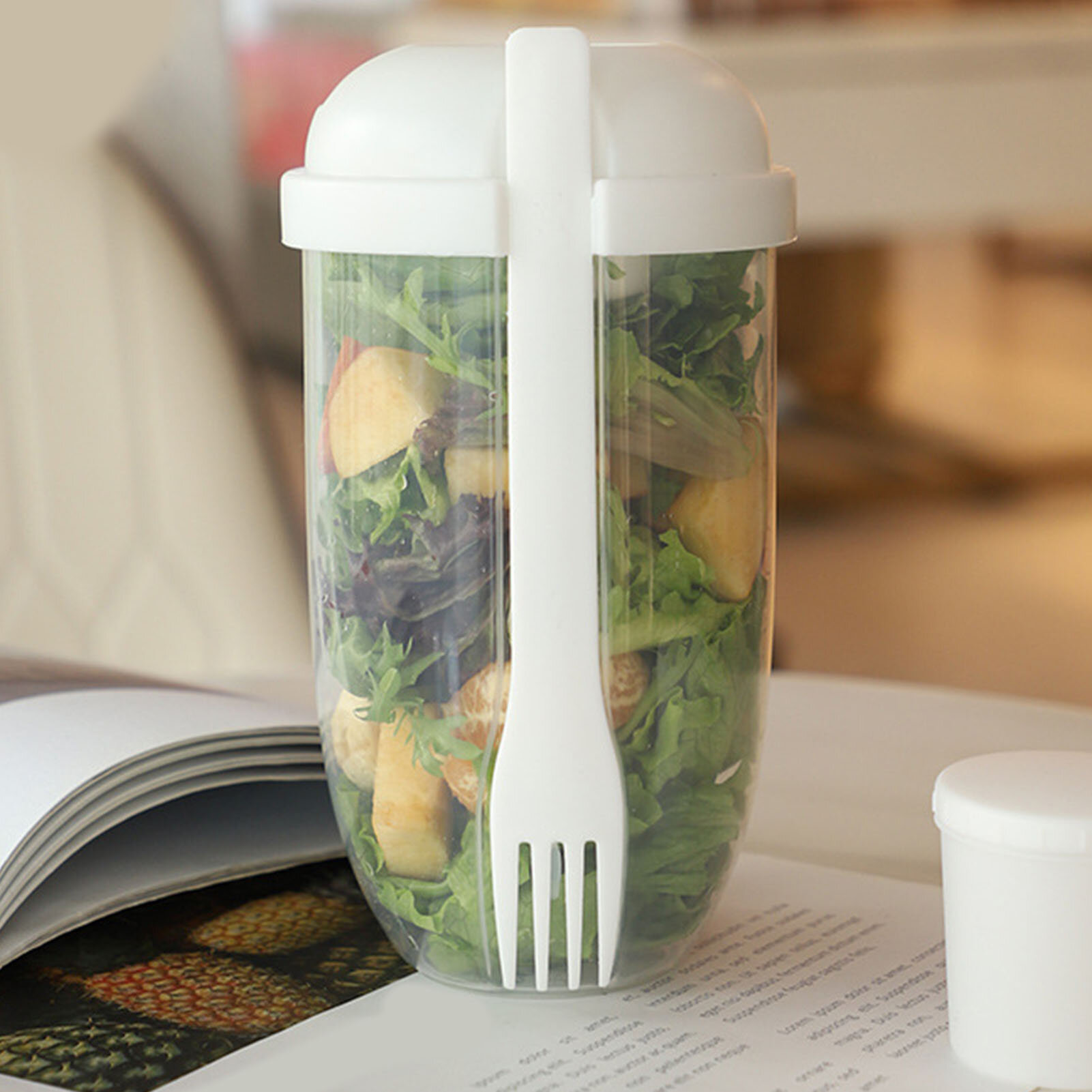 Салатница PP Портативный салатный контейнер с крышкой и вилкой для путешествий на открытом воздухе 1000 мл