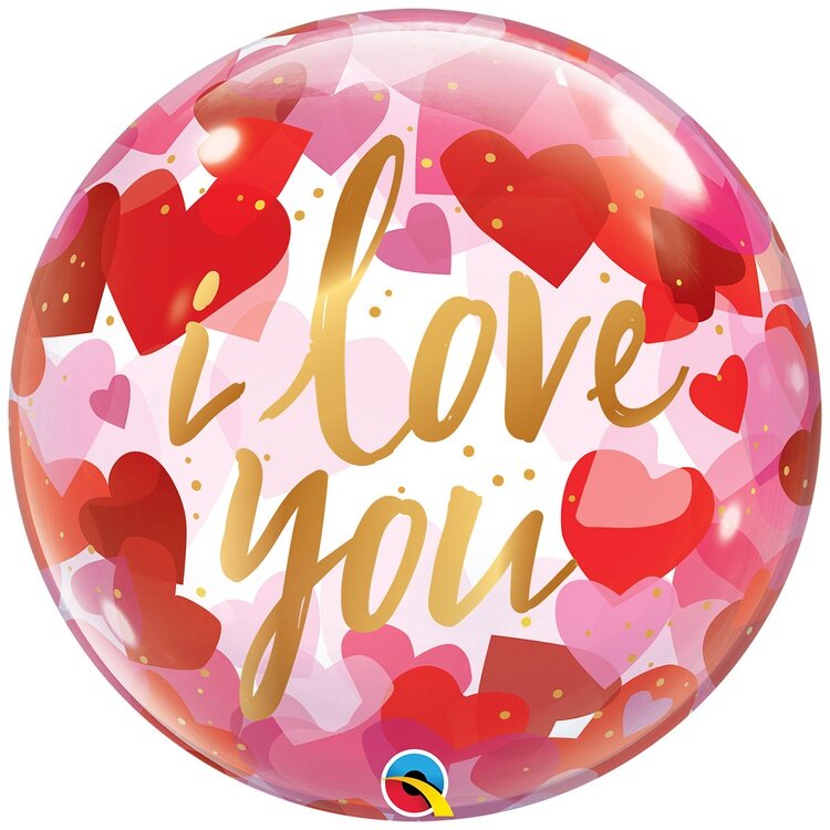 Воздушный шарик bubble, 22", I Love You, сердца красные
