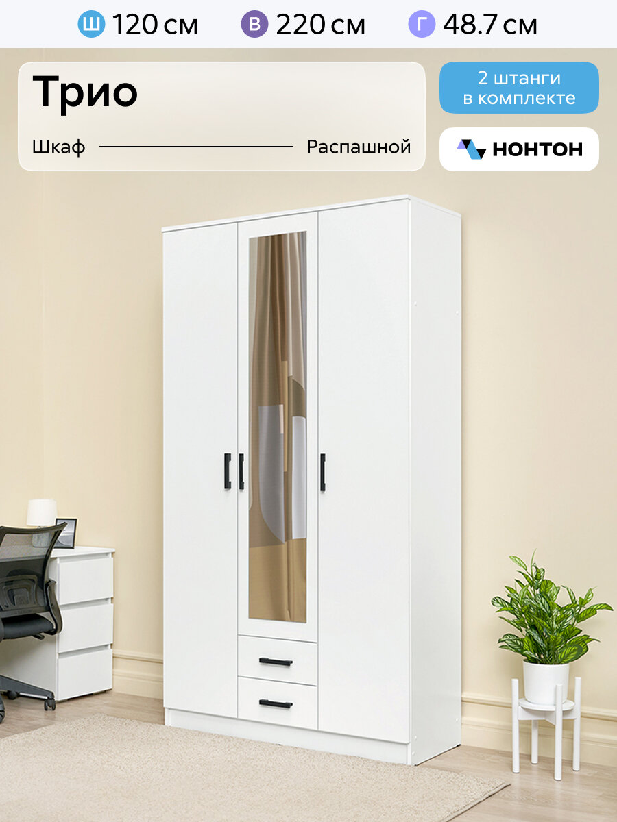 Шкаф для одежды Нонтон Трио, 120x48x220 см, 1 зеркало, 2 ящика, белый гладкий