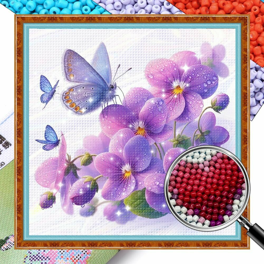 Вышивка бисером на хлопковой ткани, узор Триколорка с бабочкой