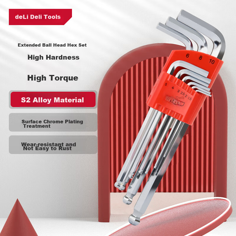 Deli Long Ball-End Hex Key Set, S2 Alloy Steel Hex Screwdriver Torque Wrench, 9-Piece Set