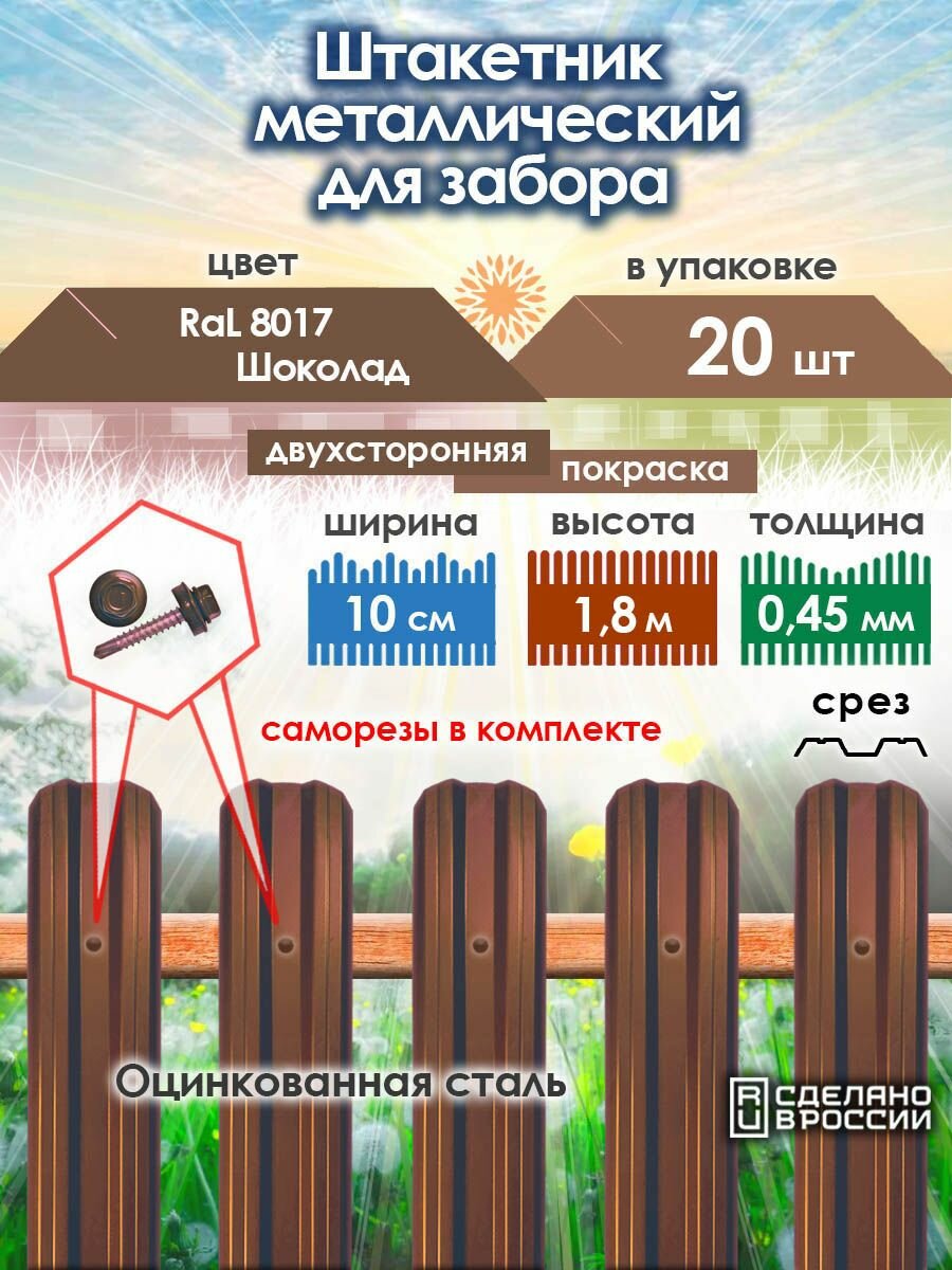 Металлический штакетник двухсторонний М-образный 1,8 м, 20 шт, RAL 8017