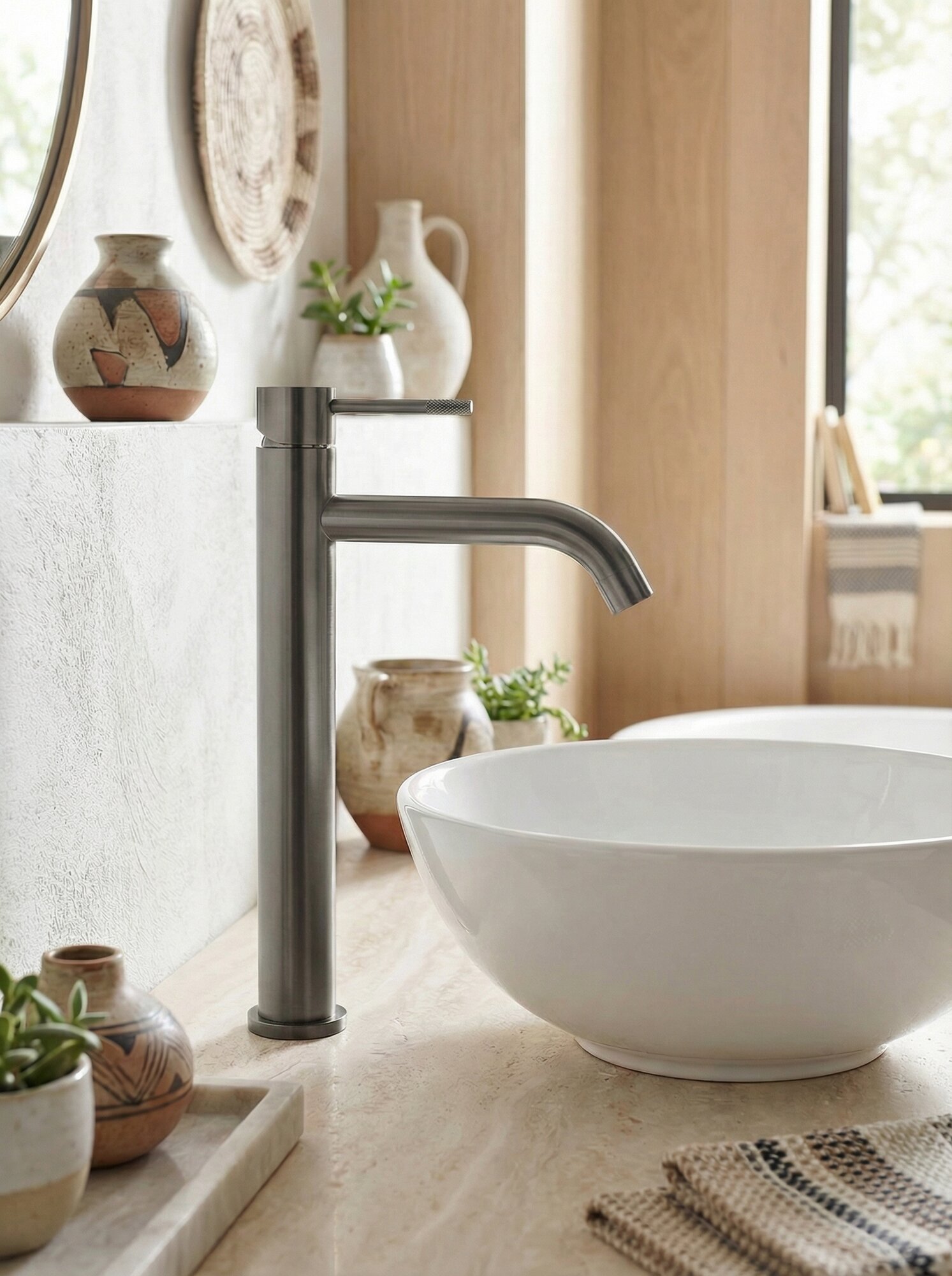 Смеситель VODA "Vessel" для раковины, нержавеющая сталь, высокий, цвет оружейная сталь