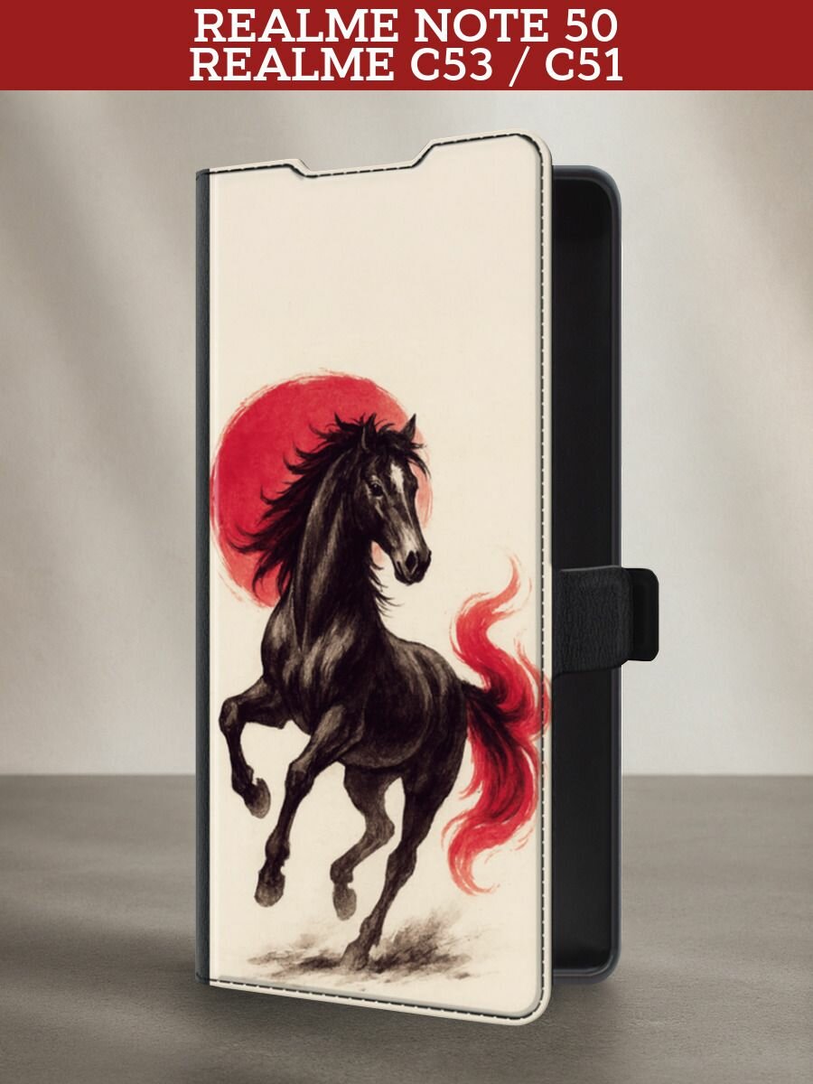 Чехол-книжка на Realme C53/C51/Note 50 / Реалми С53/С51/Ноте 50 с принтом Красный вихрь, черный
