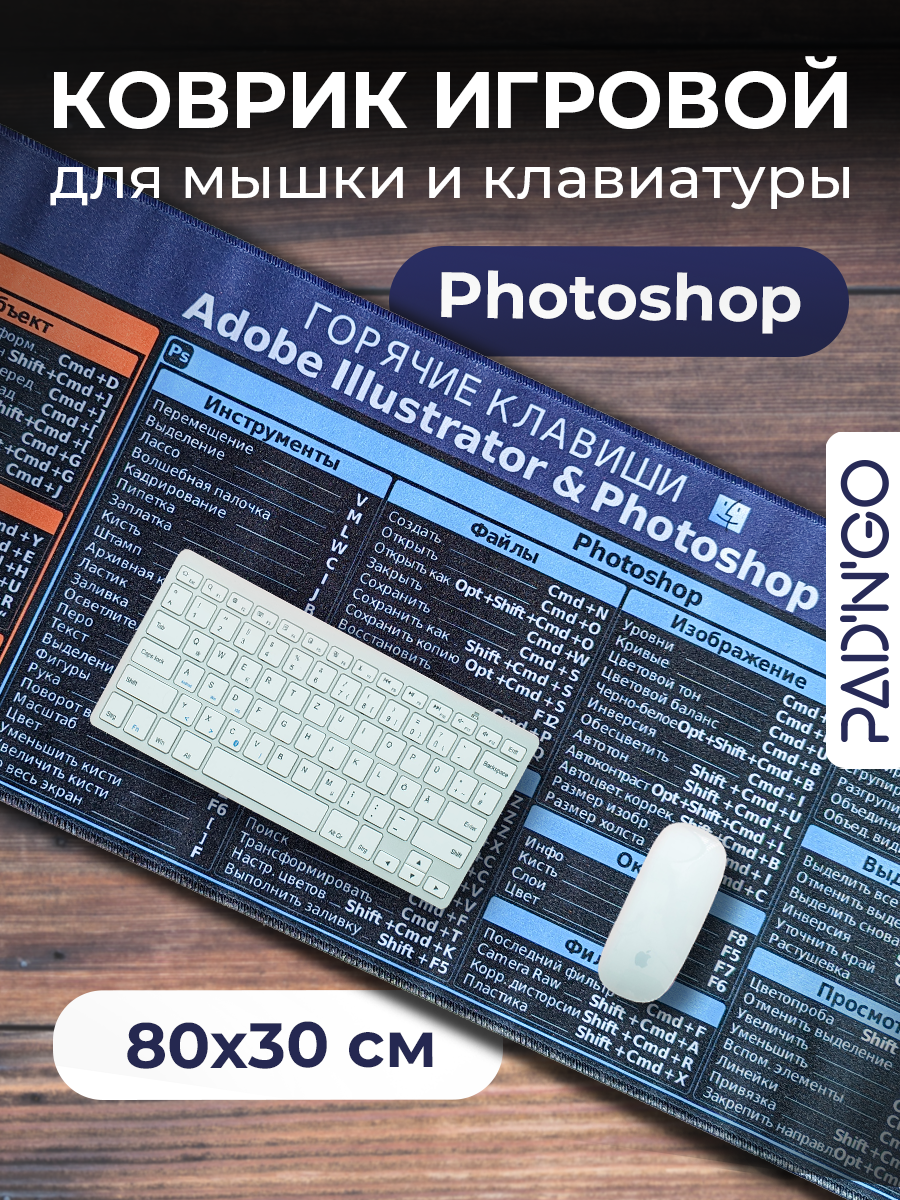 Коврик для мышки и клавиатуры игровой, 800*300*2, Горячие клавиши Illustrator и Photoshop для MacOS