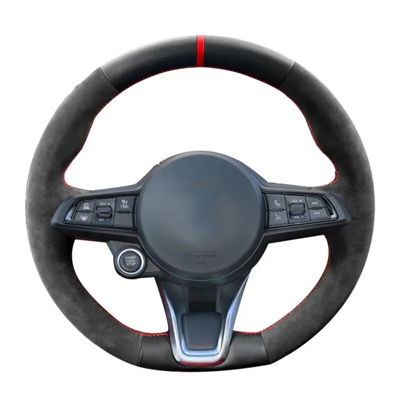 Сшитый вручную нескользящий черный чехол из натуральной кожи с оплеткой из замши, чехол на руль автомобиля, черный замшевый чехол для Alfa Romeo Giulia Stelvio Black Thread