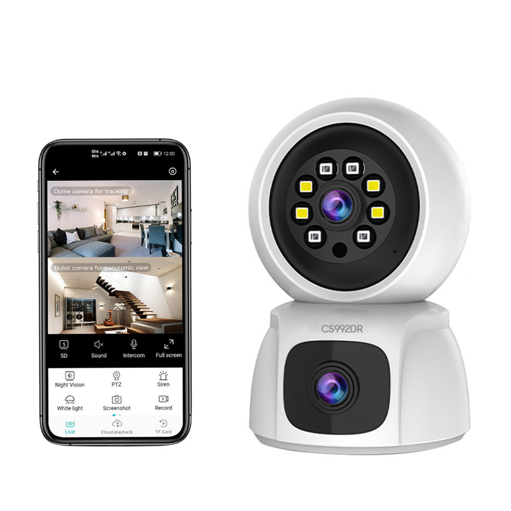 Камера безопасности беспроводная 1080P с двумя объективами WiFi 3MP с панорамированием и наклоном, широким углом обзора, трекингом движения, инфракрасной ночной съемкой, двусторонним аудио, мониторингом ребенка, поддержкой приложения, контролем человека,