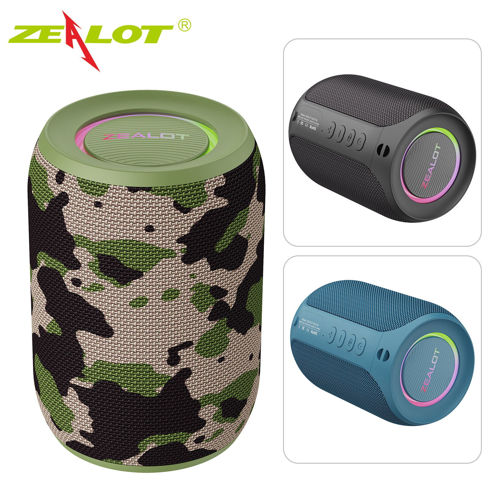 ZEALOT S32Pro Портативный беспроводной колонка с технологией BT 5.2 IPX5 Водонепроницаемая колонка HiFi Звук микрофон AUX TF Карта USB Настольная колонка Длинное время работы Компактная и портативная Черный Синий Камуфляж 15W 3000mAh 90*90*128mm 470g 1шт