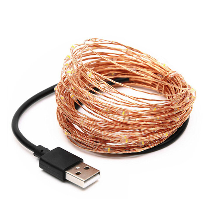 Лампа струна медная проволока USB 5V источник питания феерические огни для вечеринок (1м 10 светодиодов, тёплый белый), материал медь, стандарт 1м 10 светодиодов, 2м 20 светодиодов, 3.0м 30 светодиодов, 5м 50 светодиодов, 10м 100 светодиодов, 20м 200