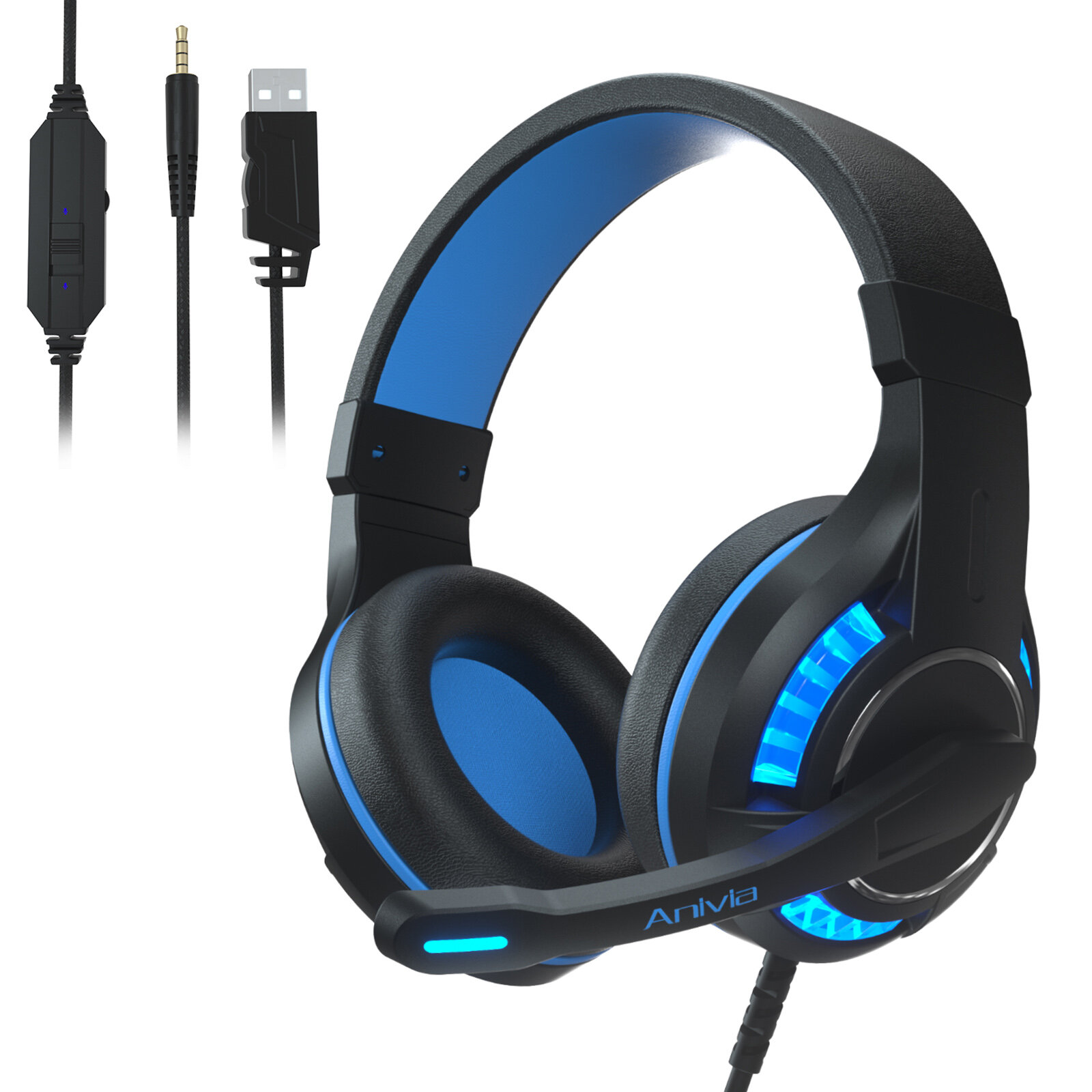 Наушники проводные Anivia MH603 накладные 3.5MM USB интерфейс LED RGB свет компьютерные игровые стерео с микрофоном 95° черный синий диаметр драйвера 50мм длина провода 2.20м в комплект входят 1 наушник 1 кабель 3.5MM 1 инструкция