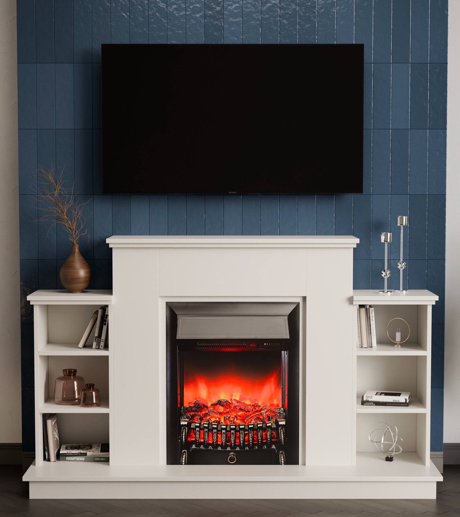 Камин электрический Ostin белый с очагом Fobos, обогрев, звук потрескивания дров (электрокамин с полками, тв-тумба)