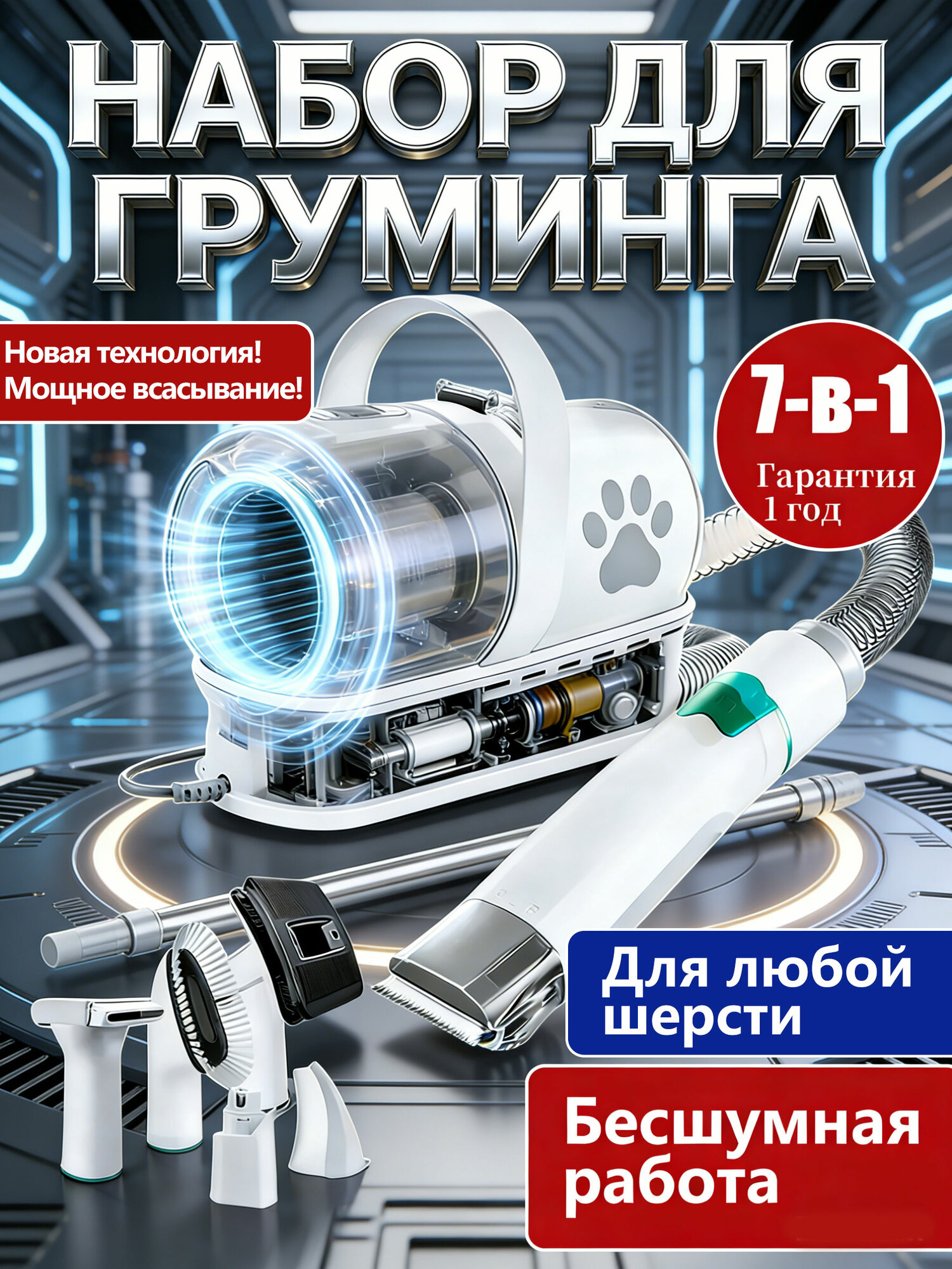 Машинка для стрижки собак с насадками, набор для груминга с пылесосом