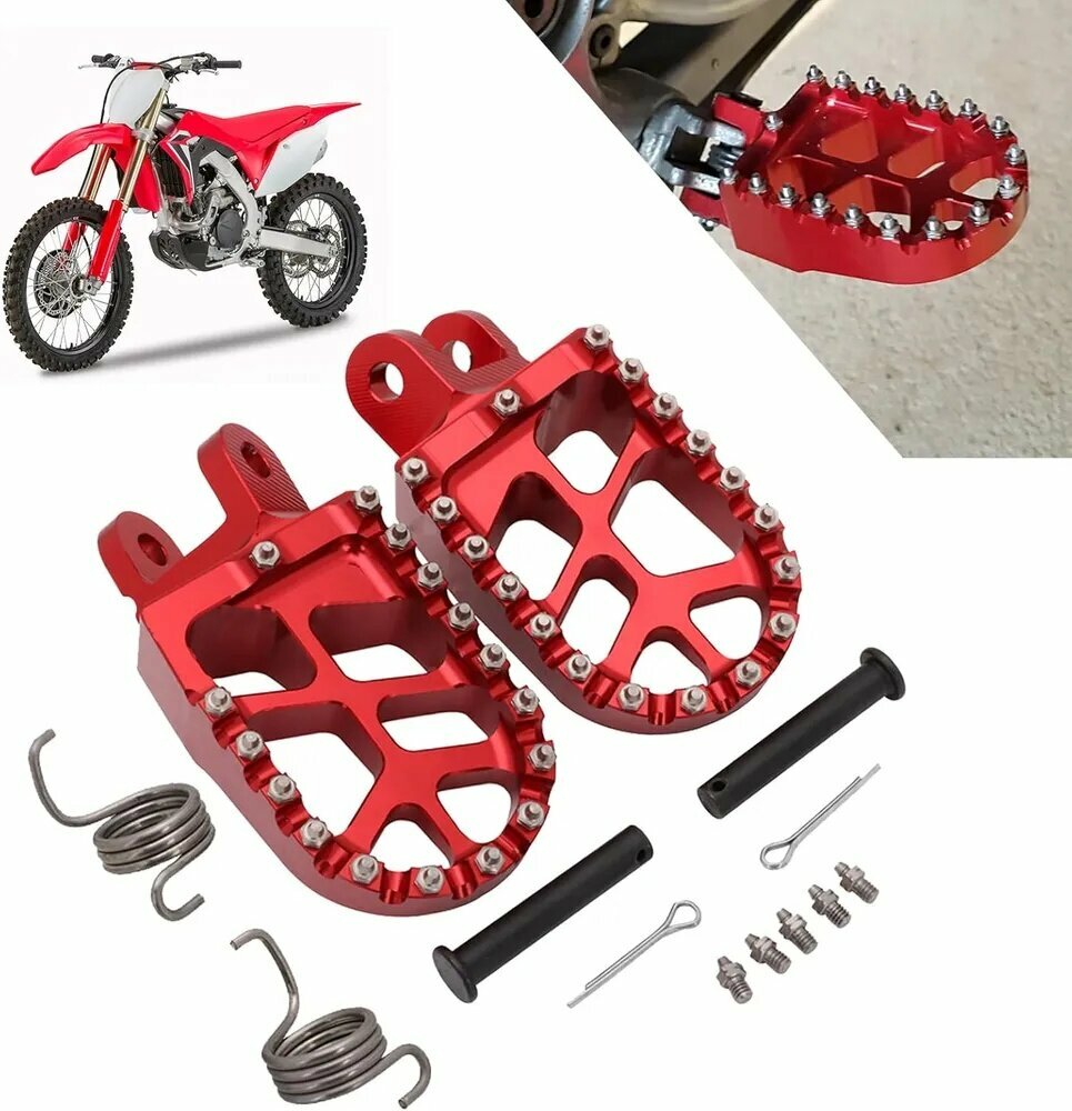 Подножки для эндуро кованые: Honda CR/XR/CRF, Kawasaki KLX/KLR. Красные, со сменными шипами