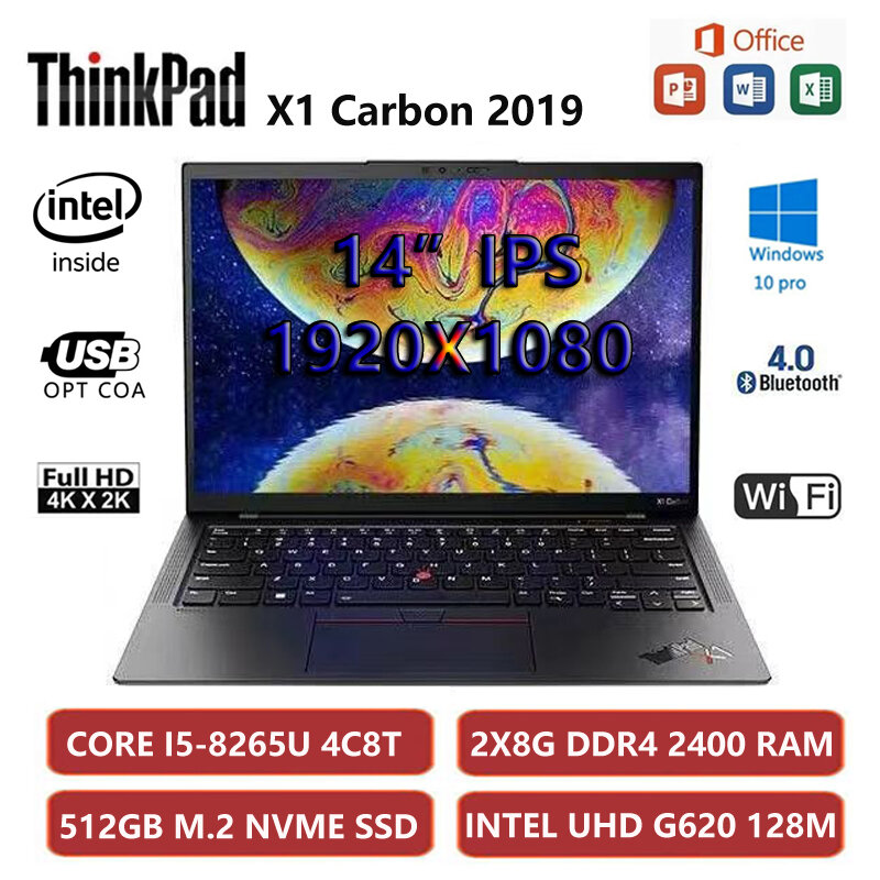 ноутбук 14" Lenovo Thinkpad X1 Carbon 2019 ( Intel CORE i5-8265U+2X8G DDR4 RAM+256G NVME SSD +1080 IPS+INTEL UHD 620 Видеокарта ) Win 10 pro