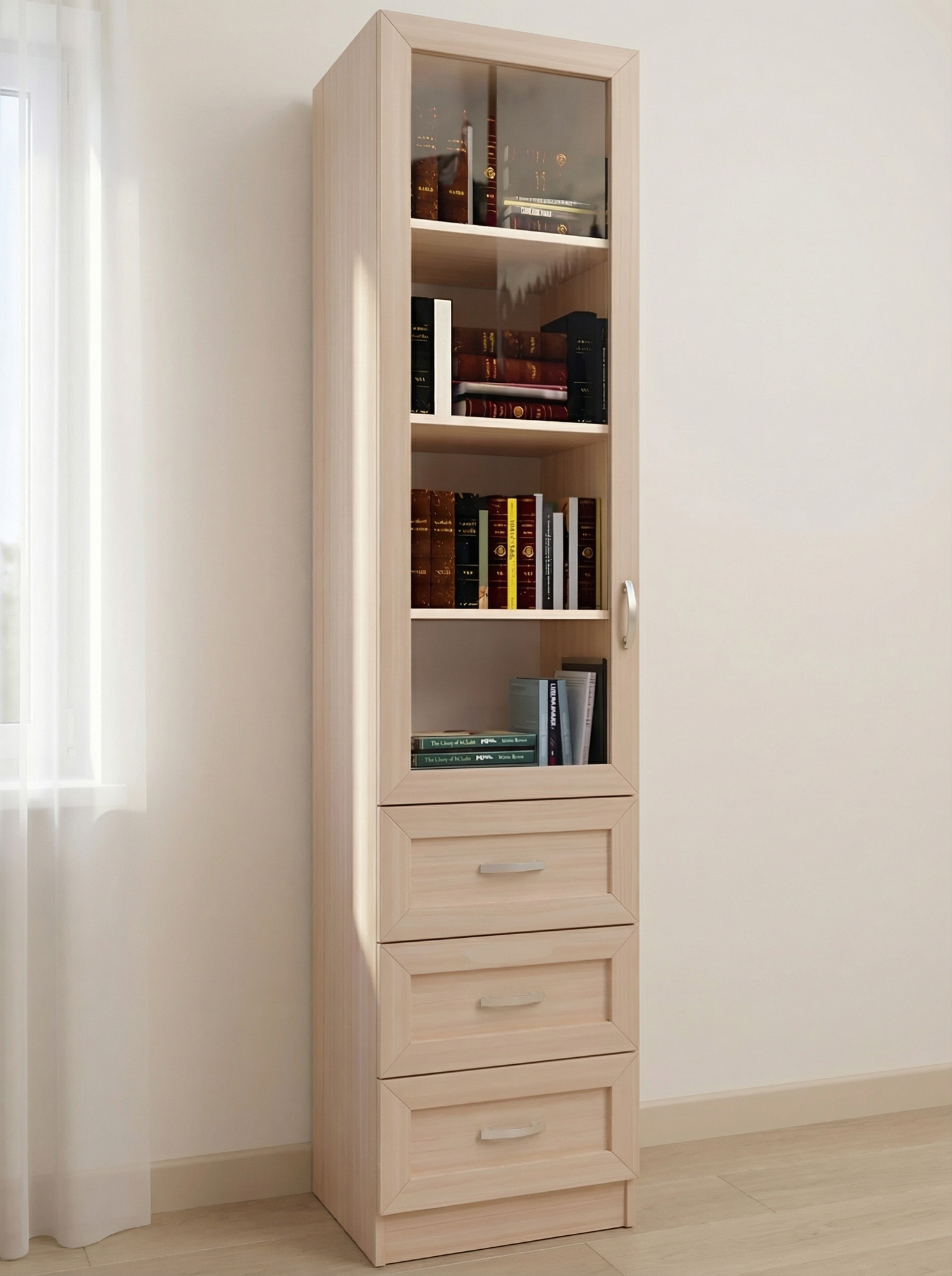 Шкаф-пенал книжный Вита 1-5 с 3 ящиками, ШхГхВ: 34х38х210 см, дуб молочный