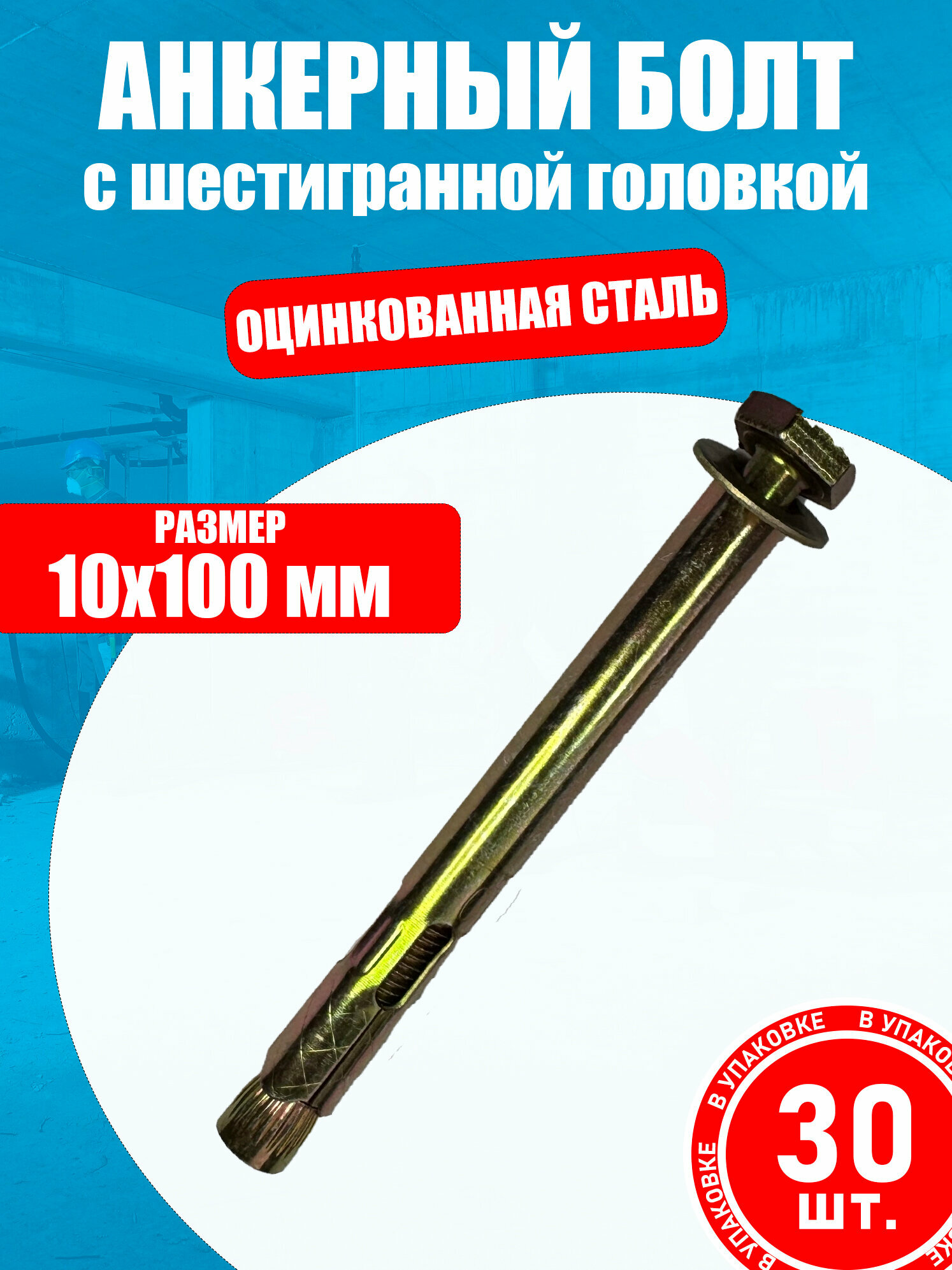 Анкерный болт 10х100 мм с шестигранной головкой 30 шт