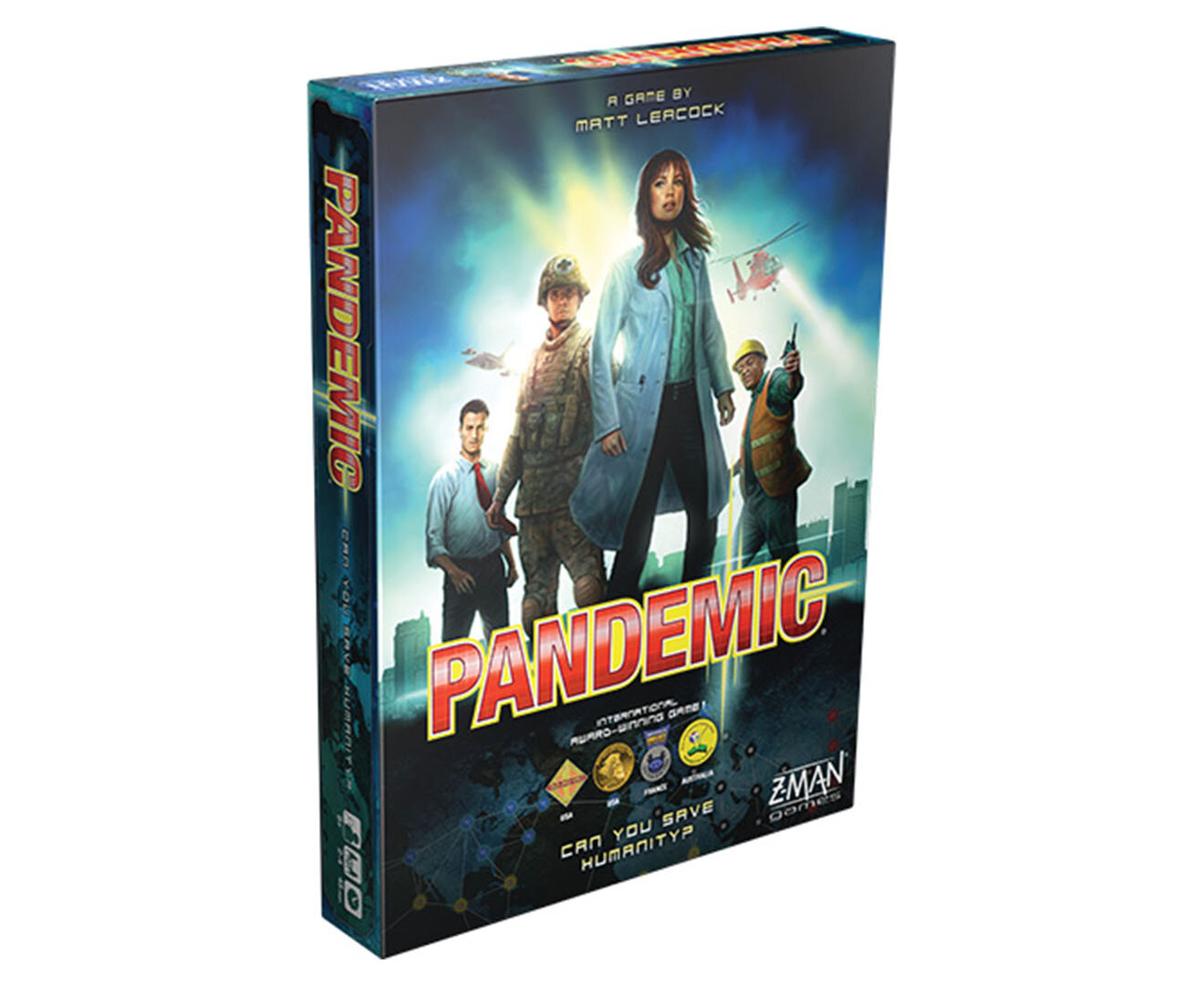 Pandemic - Кооперативная настольная игра Z-Man games, 1 доска, 7 ролевых карт с фигурами, 6 исследовательских станций, 6 деревянных маркеров, 96 кубиков болезней, 48 карт, 59 игроковых карт, справочные карты и правила, для 2-4 игроков, возраст 8+ лет,