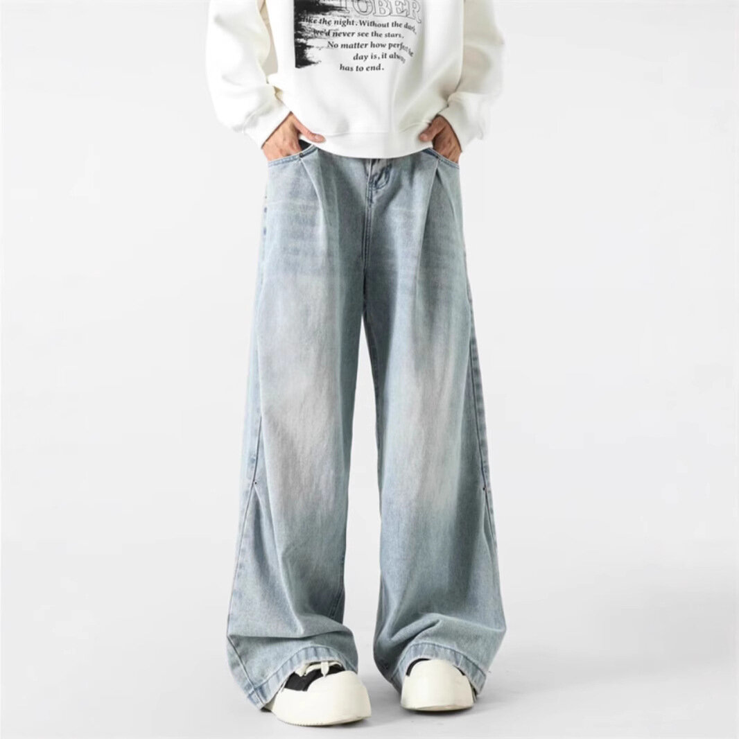 JYL Джинсы Мужские Винтажные Серые Кляксы Рваные Прямые Широкие Ноги Деним, Размер_L