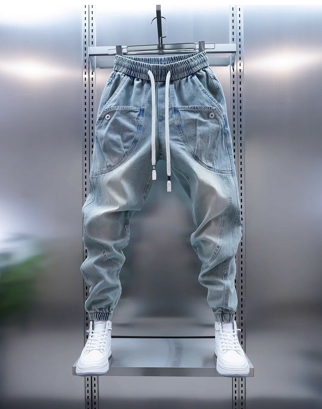 Тренд RONG CH Мужские Джинсы Подворот Весна Многокарманные Светло-Синие Деним, Размер_L