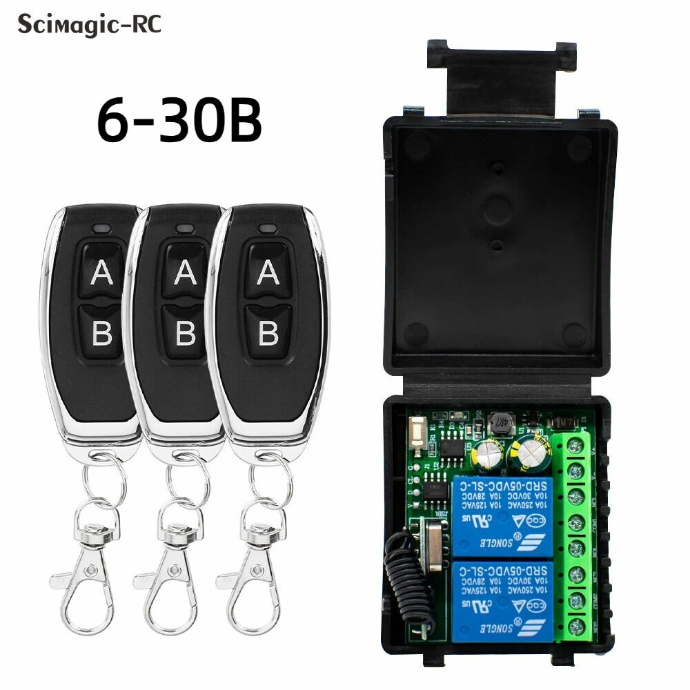 Двух канальное радиоуправляемое реле 6-30В 10А 433МГц. Радиореле для ворот, шлагбаумов. Дистанционный выключатель. Беспроводной переключатель. + 3 пульт