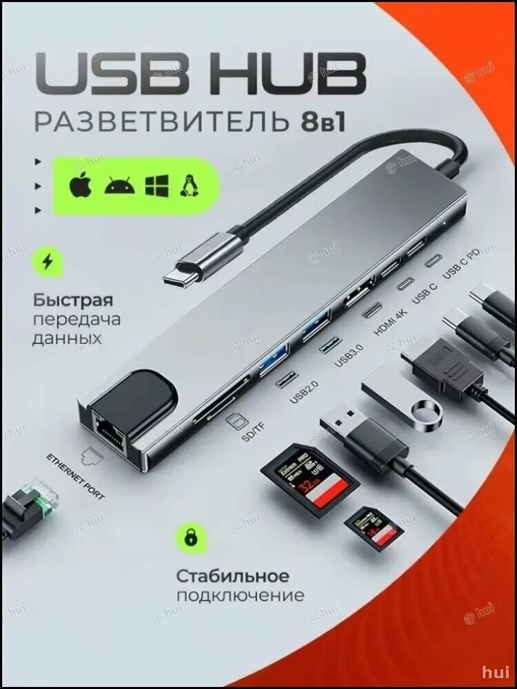 Эксклюзивный 8портовый USBконцентратор с интерфейсами TypeC, HDMI, Ethernet и слотами для карт microSD/SD, предназначенный для расширения возможностей вашего ноутбука.