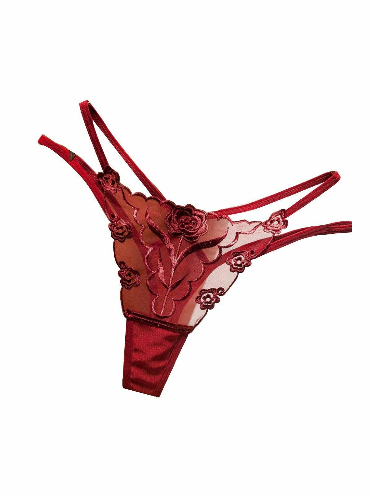 Женские стринги из сетки с вышивкой-винно-красные