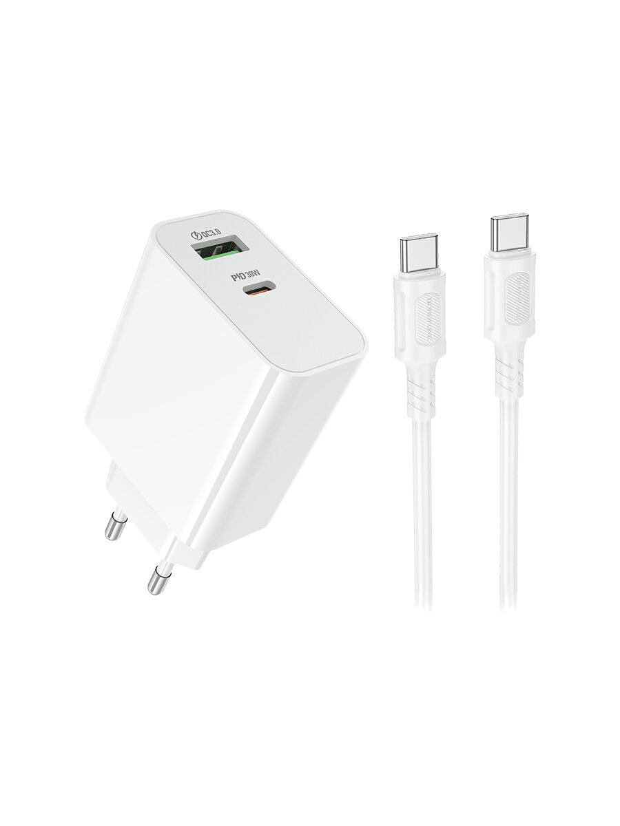 Комплект 2в1: Сетевое зарядное устройство USB/Type-C BA108A (30W, QC3.0, PD, 2 порта+кабель Type-C-Type-C, белое
