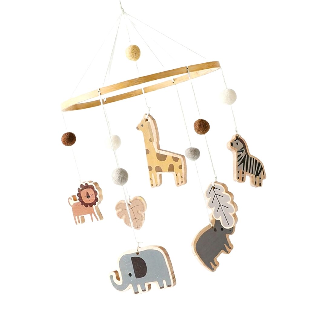 Мобиль для детской кроватки с лесными животными, изготовленный из натурального дерева и шерстяных шариков. Безопасная, бесшумная вращающаяся развивающая игрушка для малышей.