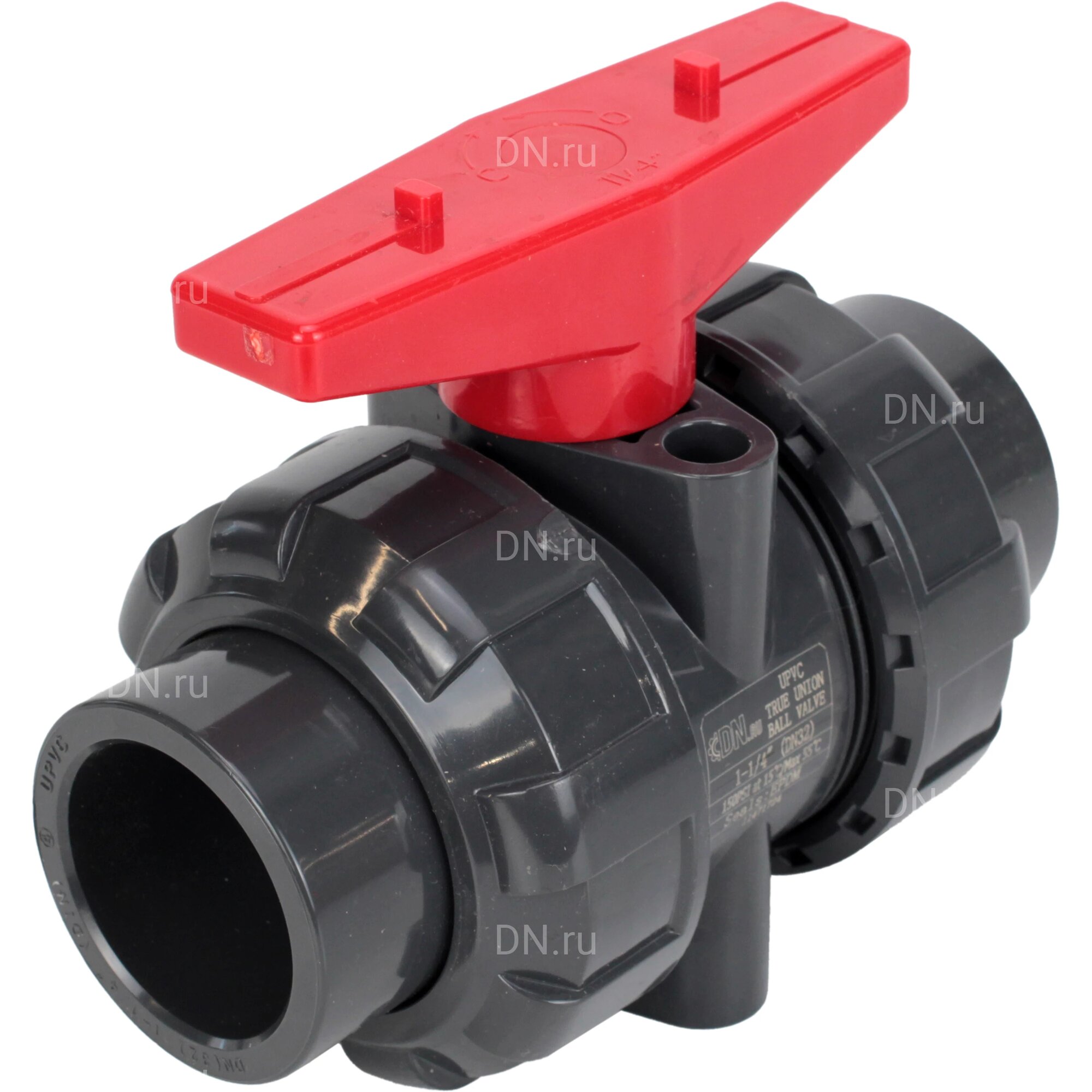 Кран шаровой DN.ru НПВХ-НПВХ-E-FP-GRM-H Дн25 Ру10 полнопроходной, клеевой с разборным муфтовым соединением, корпус - UPVC (НПВХ), шар - UPVC (НПВХ), уплотнение - EPDM, с рукояткой