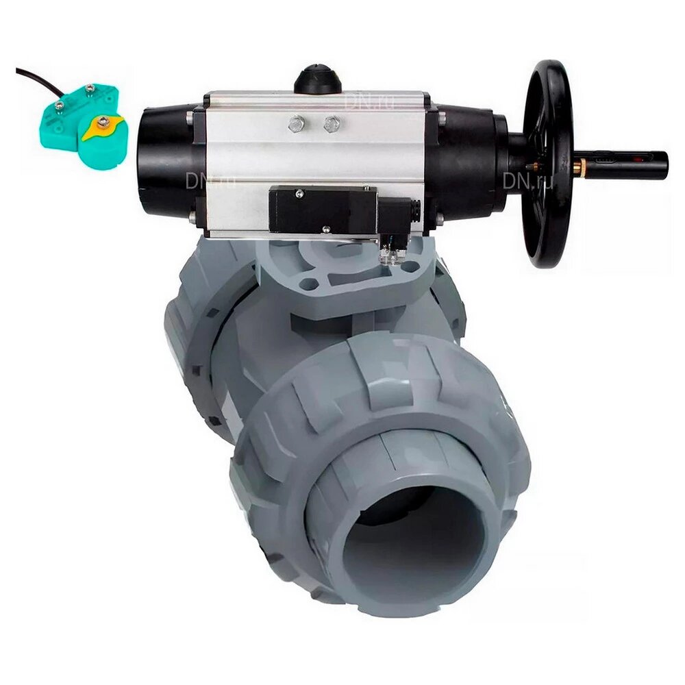 Кран шаровой DN.ru НПВХ-НПВХ-E-FP-GRM-ISO Дн15 Ру10 полнопроходной, корпус - НПВХ, шар - НПВХ, уплотнение - EPDM, с пневмоприводом DA-105-1, пневмораспределителем PND1-S2EM-52-2-T10-220VAC и магнитным переключателем МППП-200