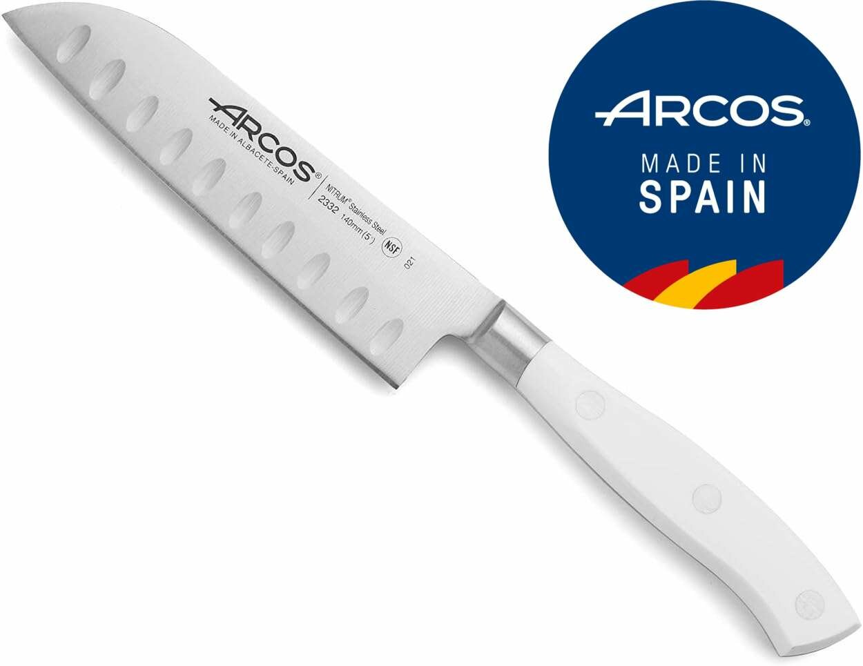 Нож кухонный ARCOS Riviera Blanc Santoku, кованный, Испания, оригинал, лезвие 14 см, белый