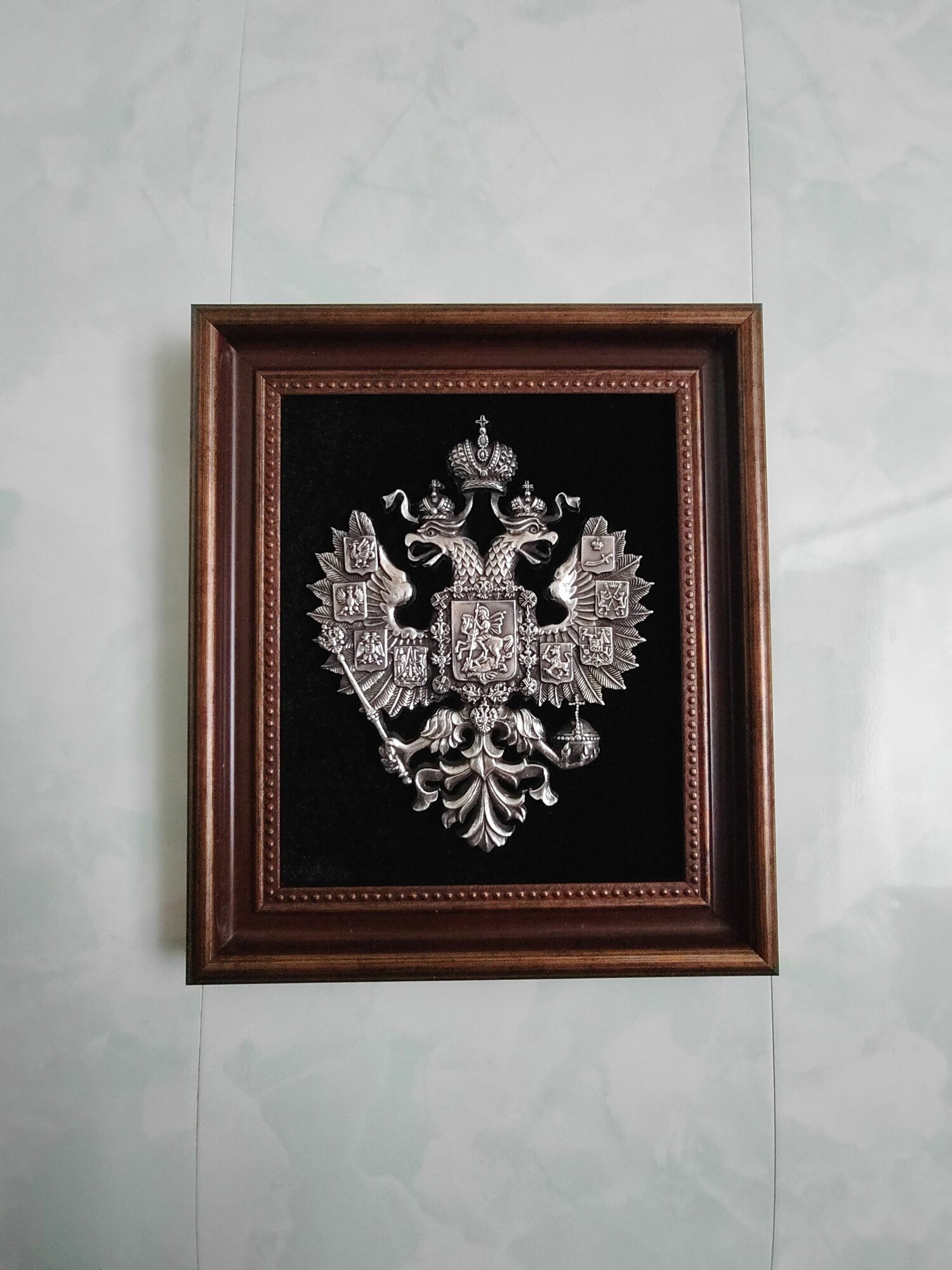 Настенное панно "Герб РФ", геральдика, для интерьера, 22x19 см, чёрно-серебряный фон